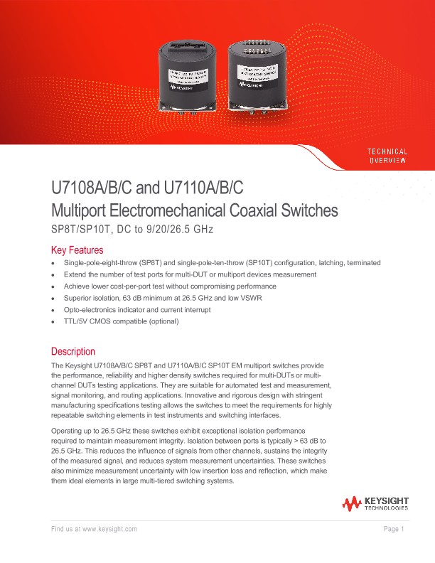 U7108A/B/C and U7110A/B/C Multiport Electromechanical Coaxial Switches PDF Asset Page | Keysight